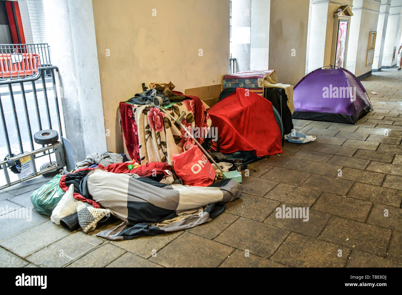 London, UK. 1st June 2019. A homeless camps and a homeless sleeping on ...