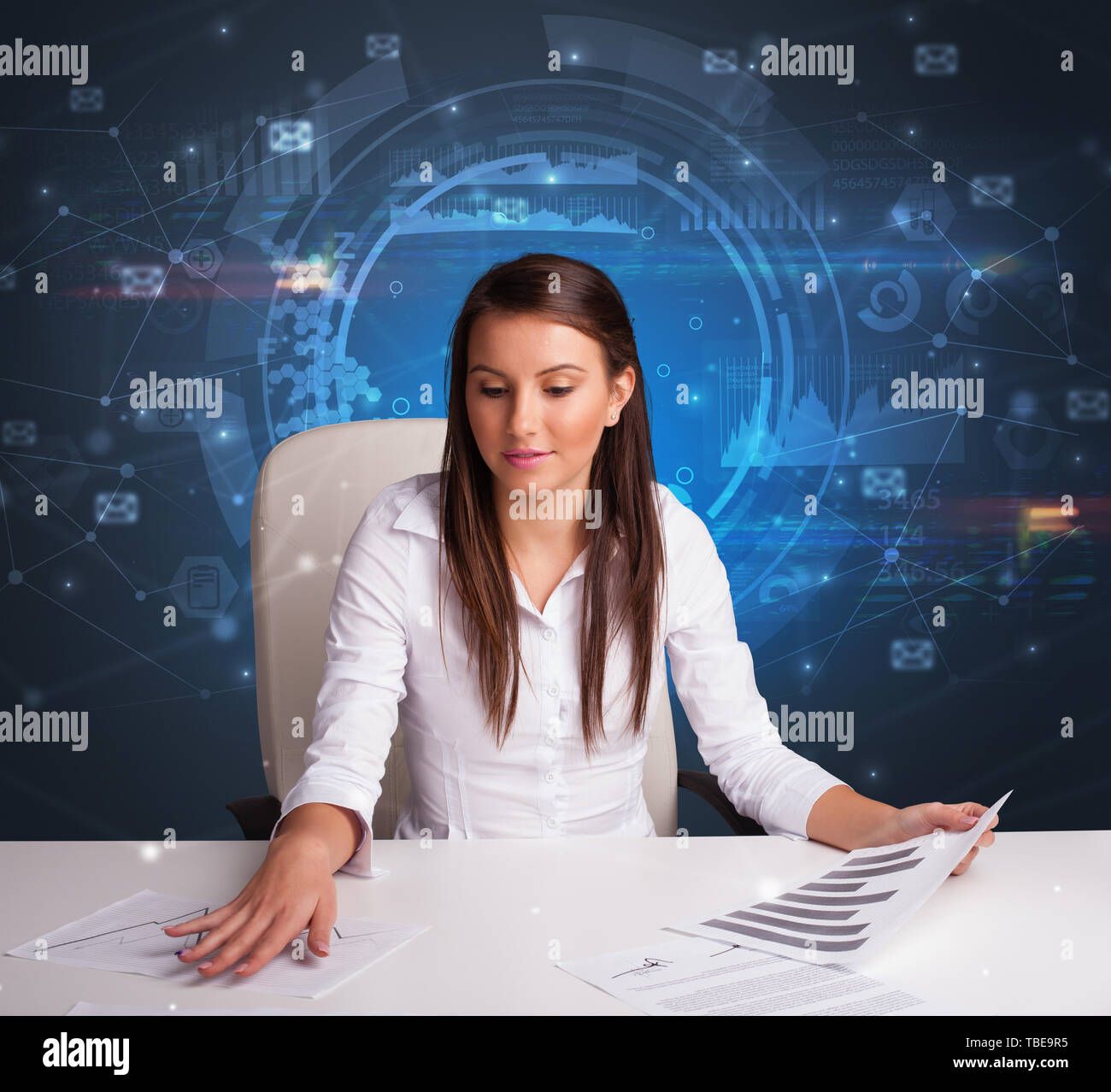 Manager in front of the office desk with connections and teamwork ...