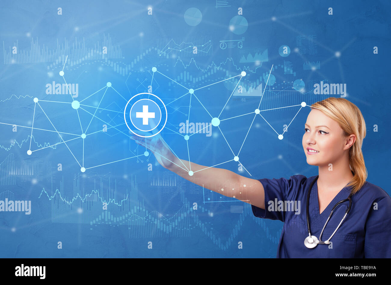 Doctor touching blue screen with virtual hospital concept Stock Photo ...