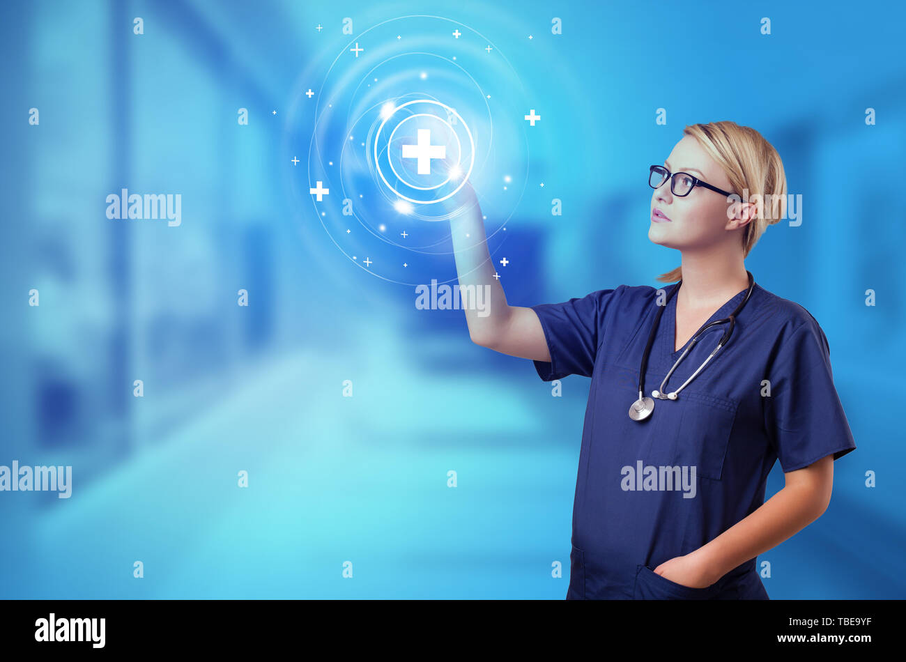 Doctor touching blue screen with call center concept Stock Photo - Alamy