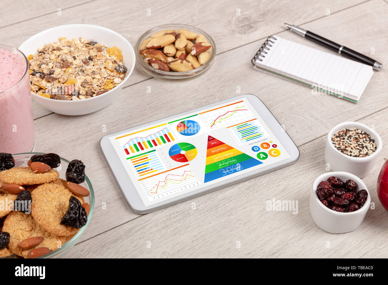 healthy eating concept - close up of tablet with several dieting ...
