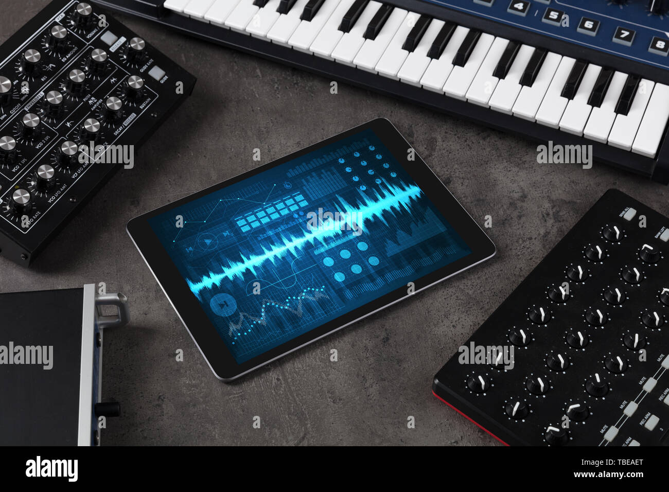 Music instruments and tablet with recording sound concept Stock Photo ...