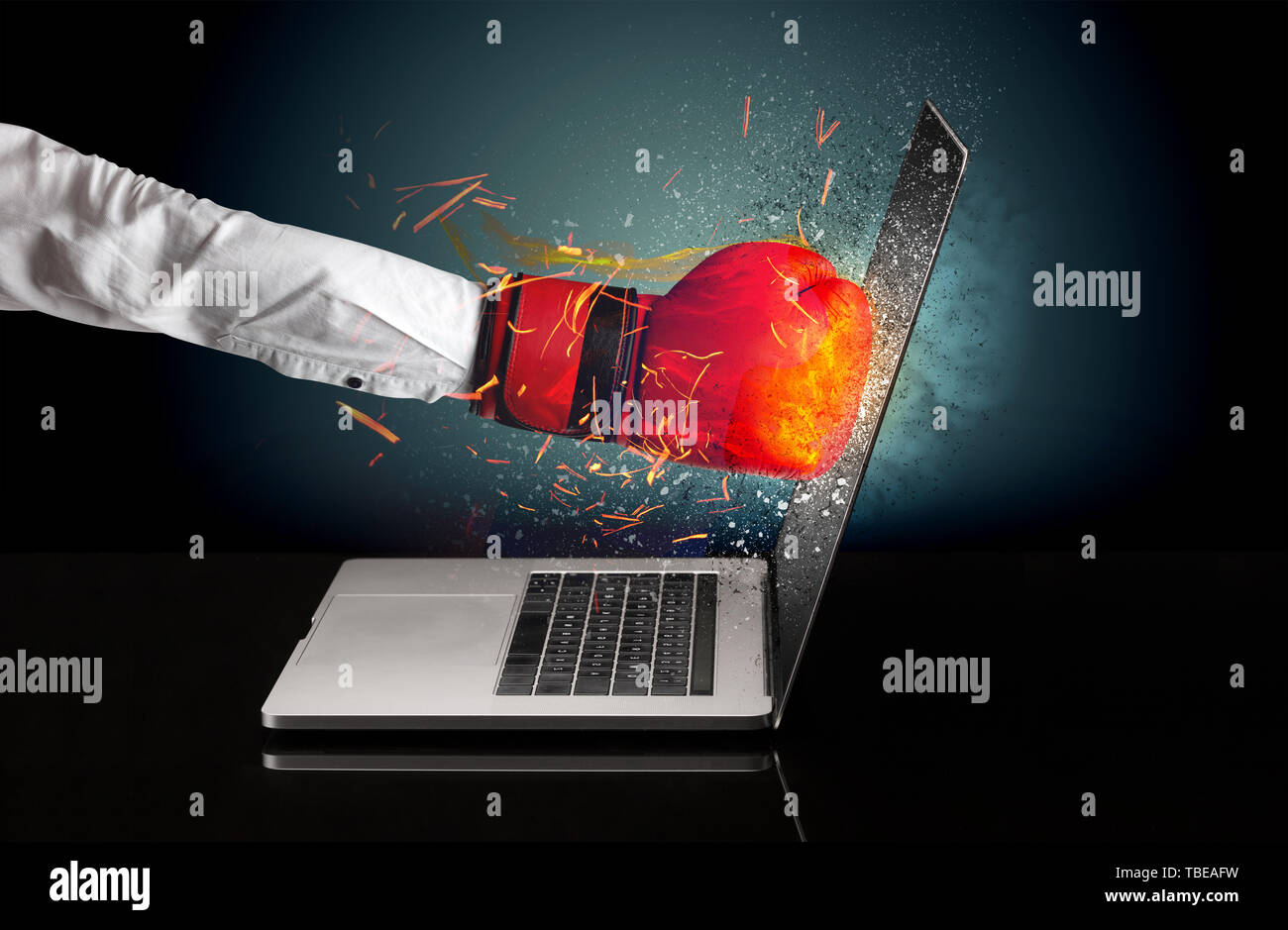 Arm hitting strongly laptop screen which breaks in little pieces Stock ...
