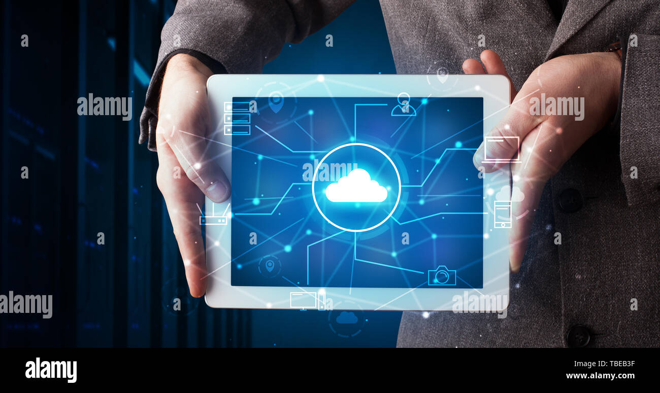 Formal hand in server room with virtual workspace concept Stock Photo ...