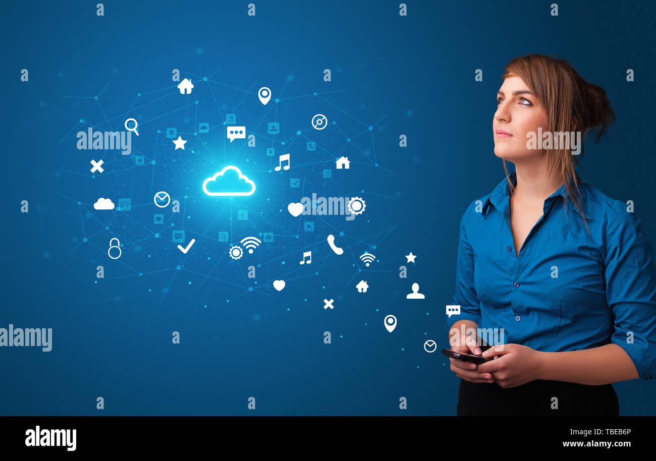 Young person using phone with cloud technology and online communication ...