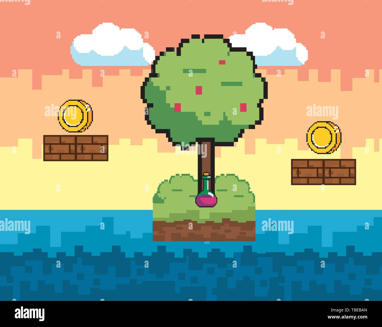 Arcade game world design, Pixel scene art retro and videogame theme ...