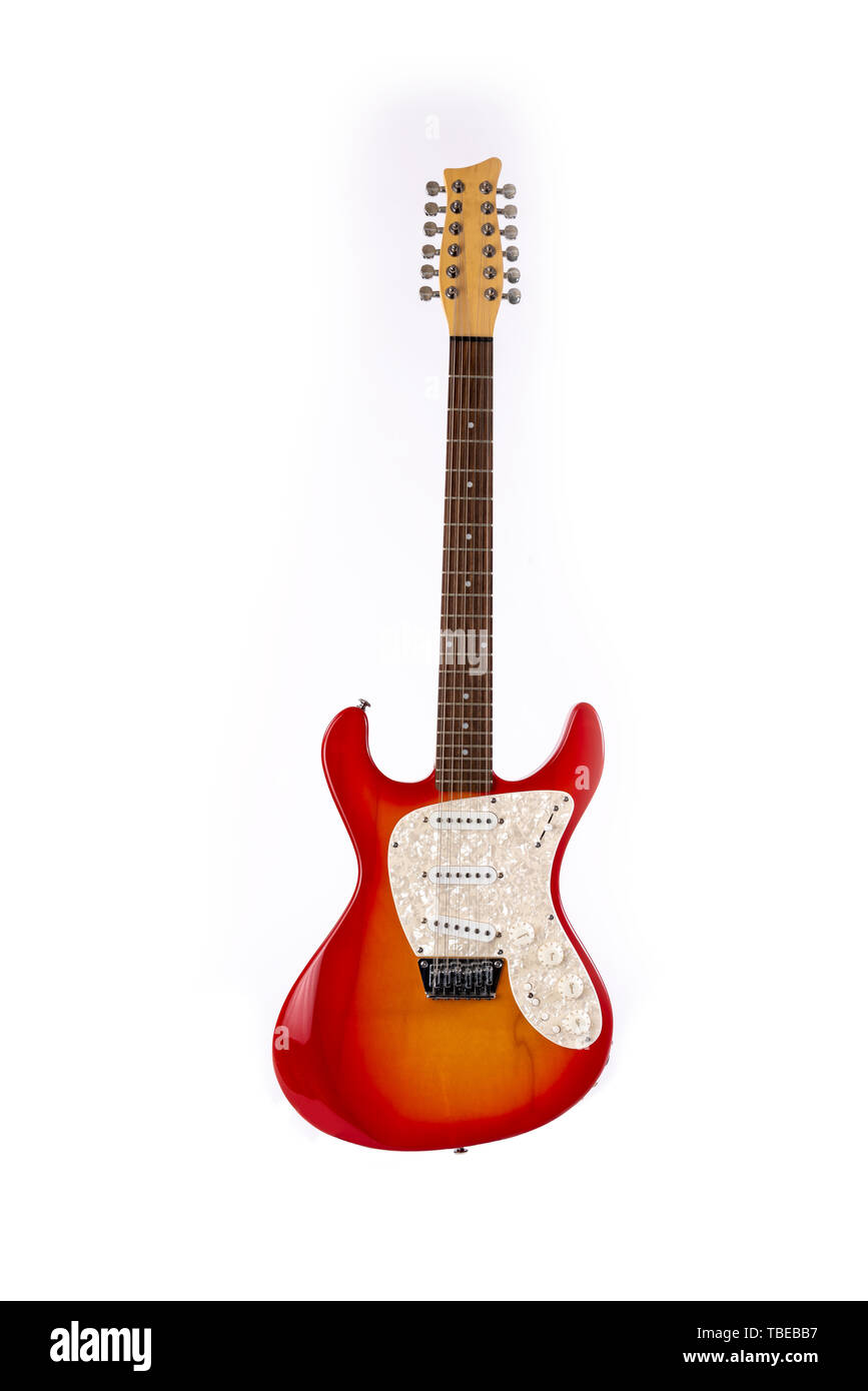 classic musical instrument wooden six-string guitar red isolated on ...