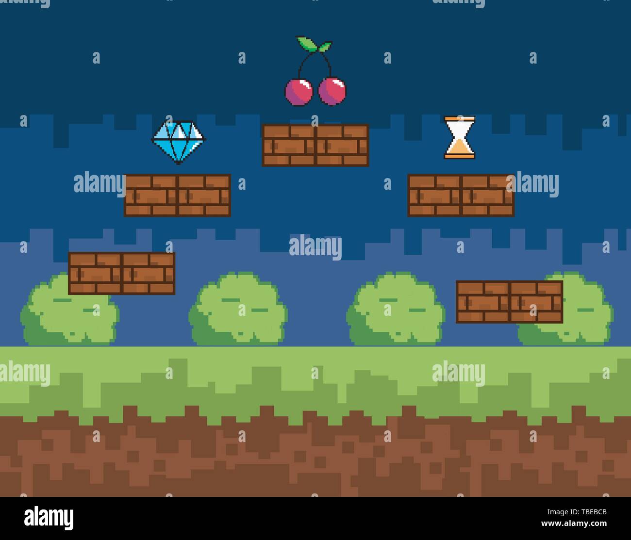 Arcade game world design, Pixel scene art retro and videogame theme ...