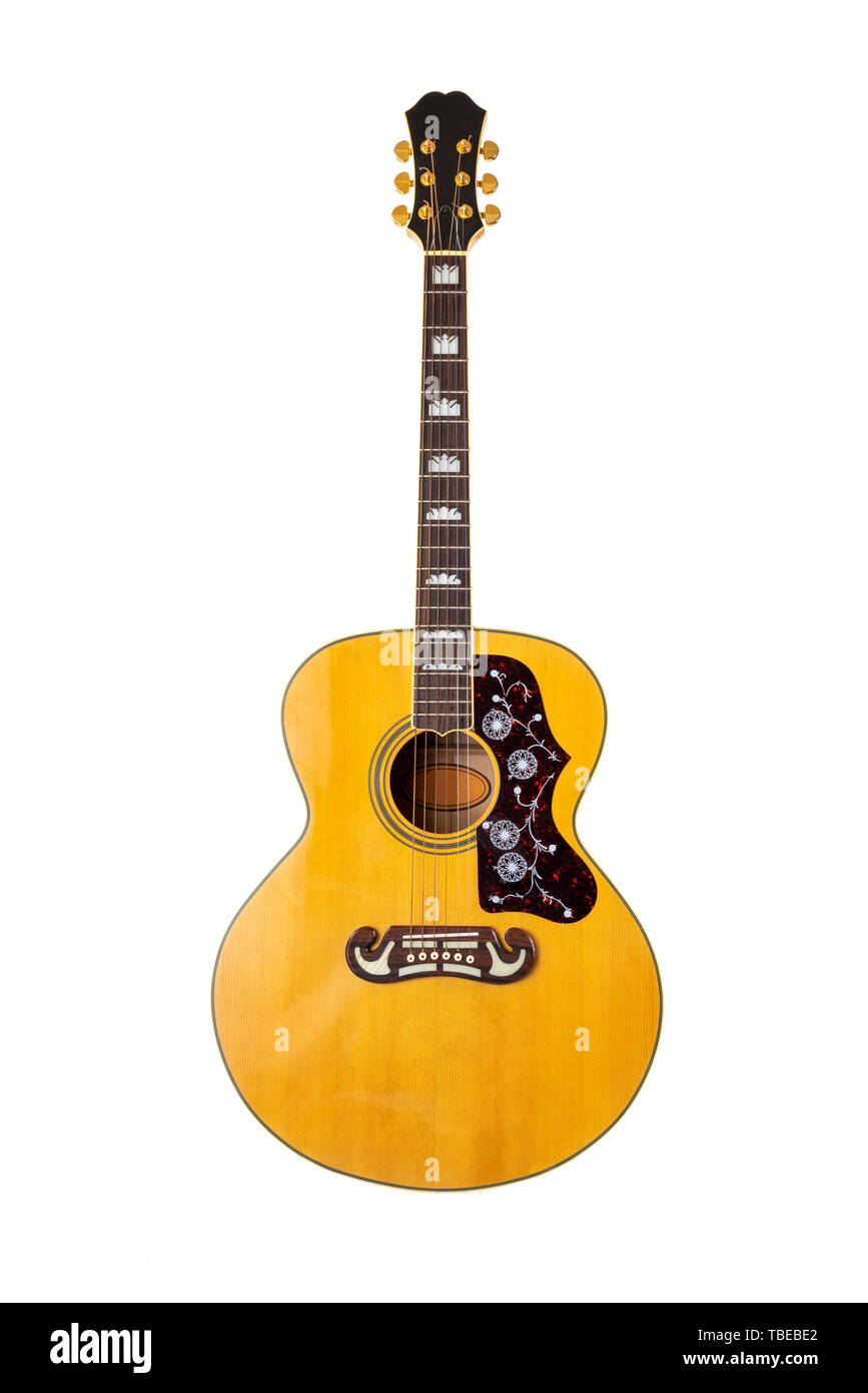 Musical instrument wooden six-string guitar isolated on white ...