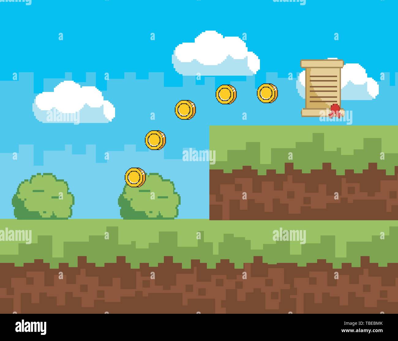 Arcade game world design, Pixel scene art retro and videogame theme ...