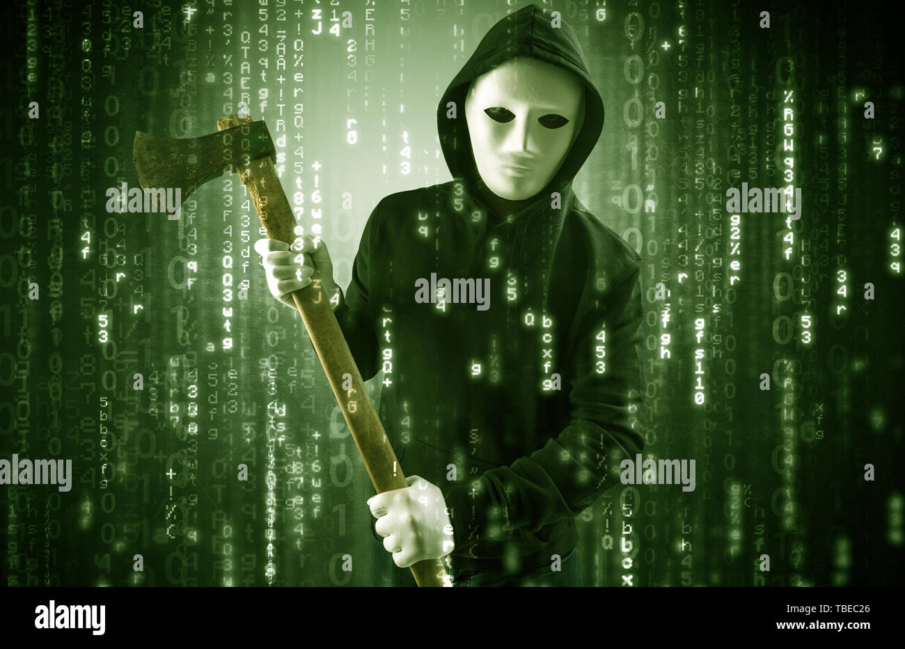 Masked and armed anonymous hacker breaking in cyber security cloud data ...