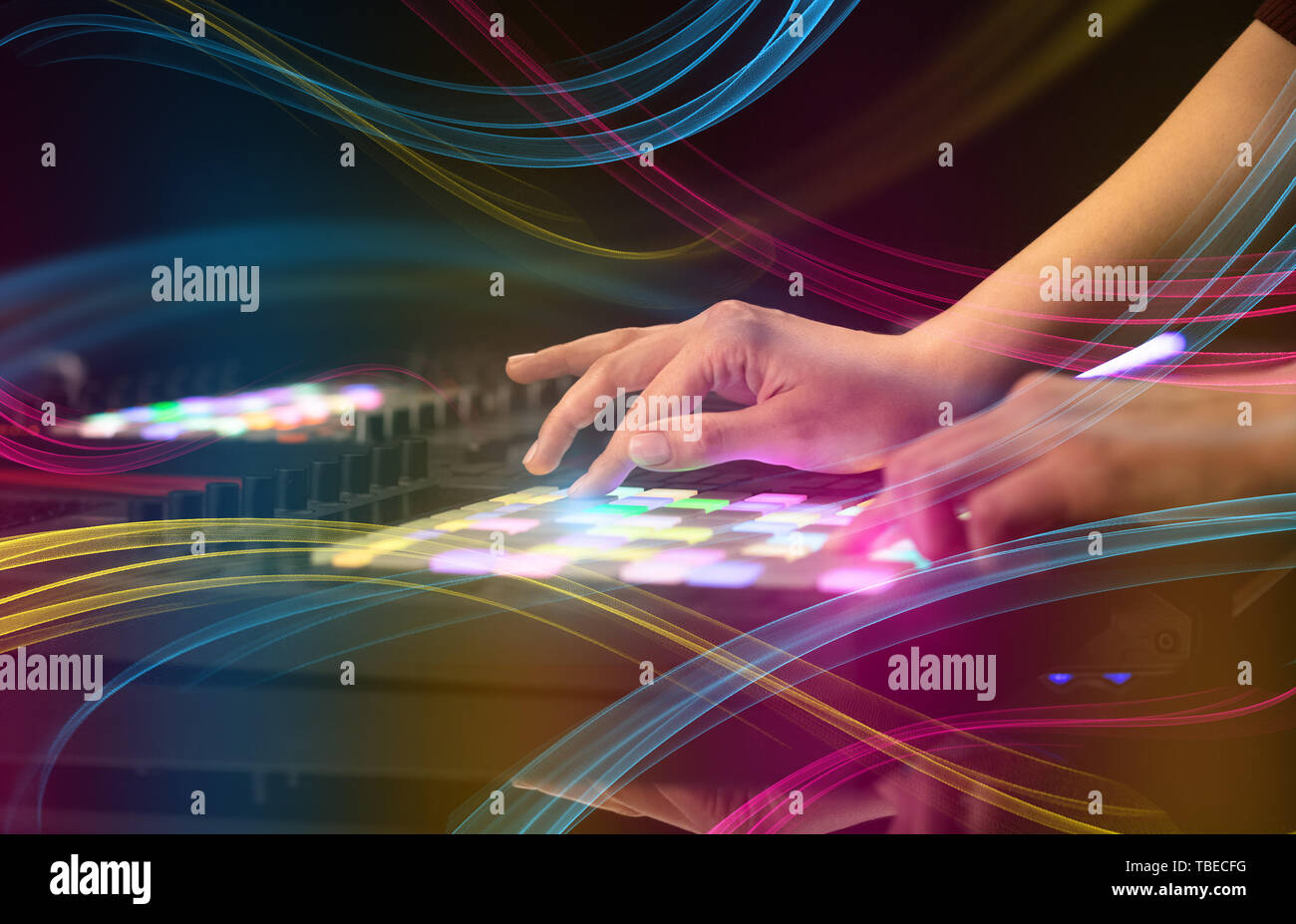 Hand mixing music on midi controller with colorful vibe concept Stock ...