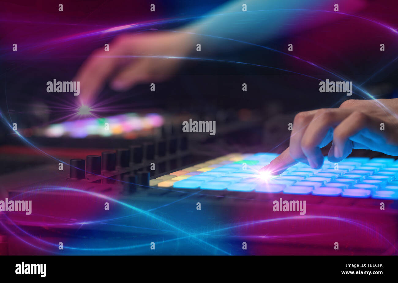 Hand mixing music on midi controller with wave vibe concept Stock Photo ...