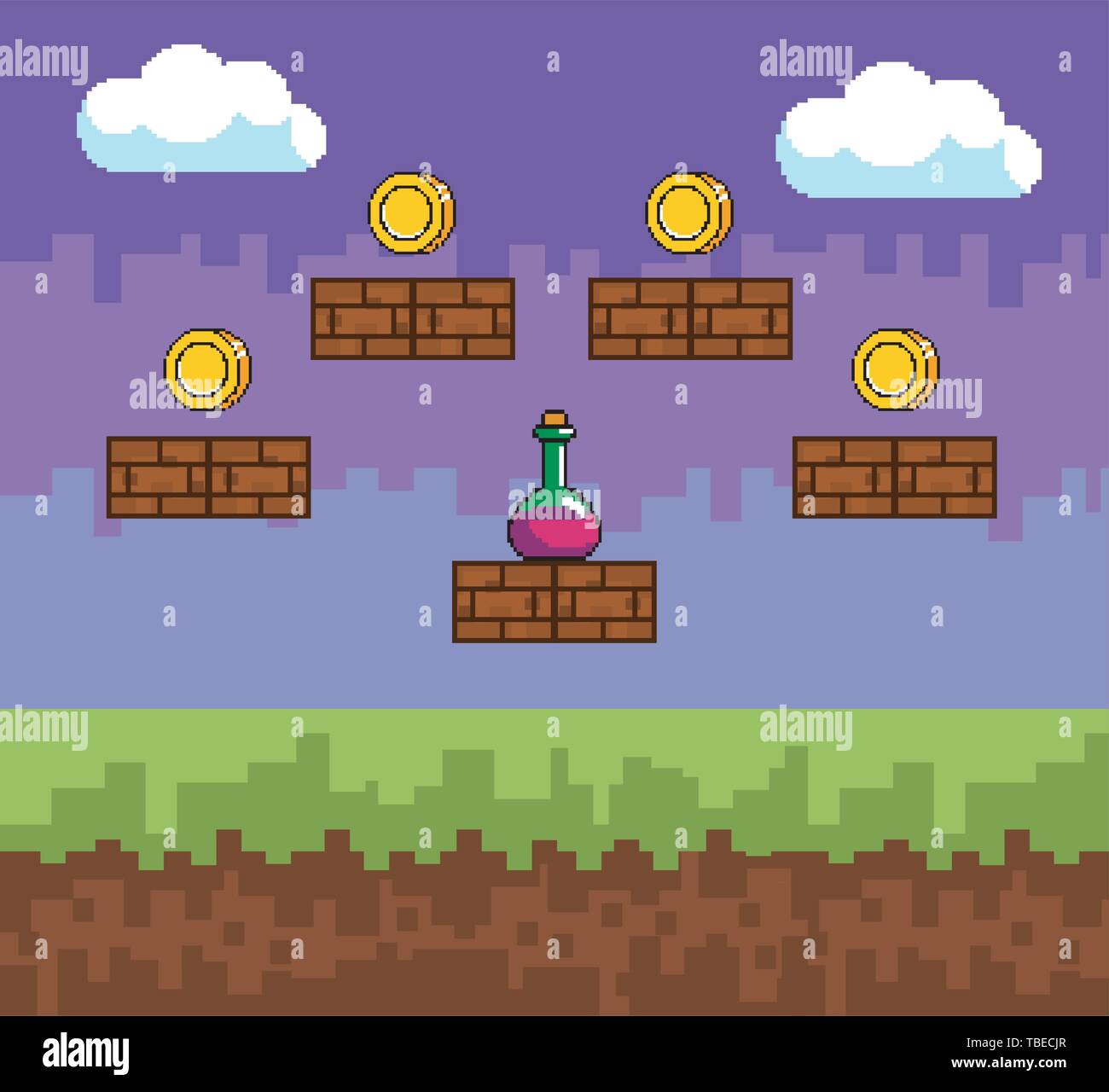 Arcade game world design, Pixel scene art retro and videogame theme ...