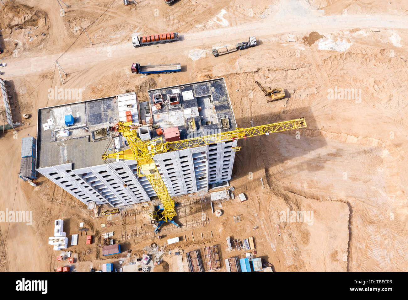 aerial top view of new city apartment building under construction ...