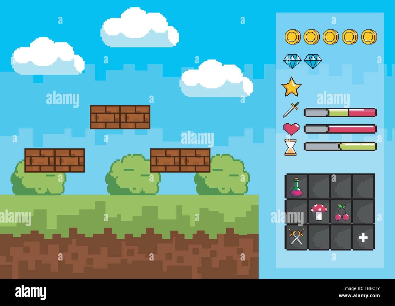 Arcade game world design, Pixel scene art retro and videogame theme ...
