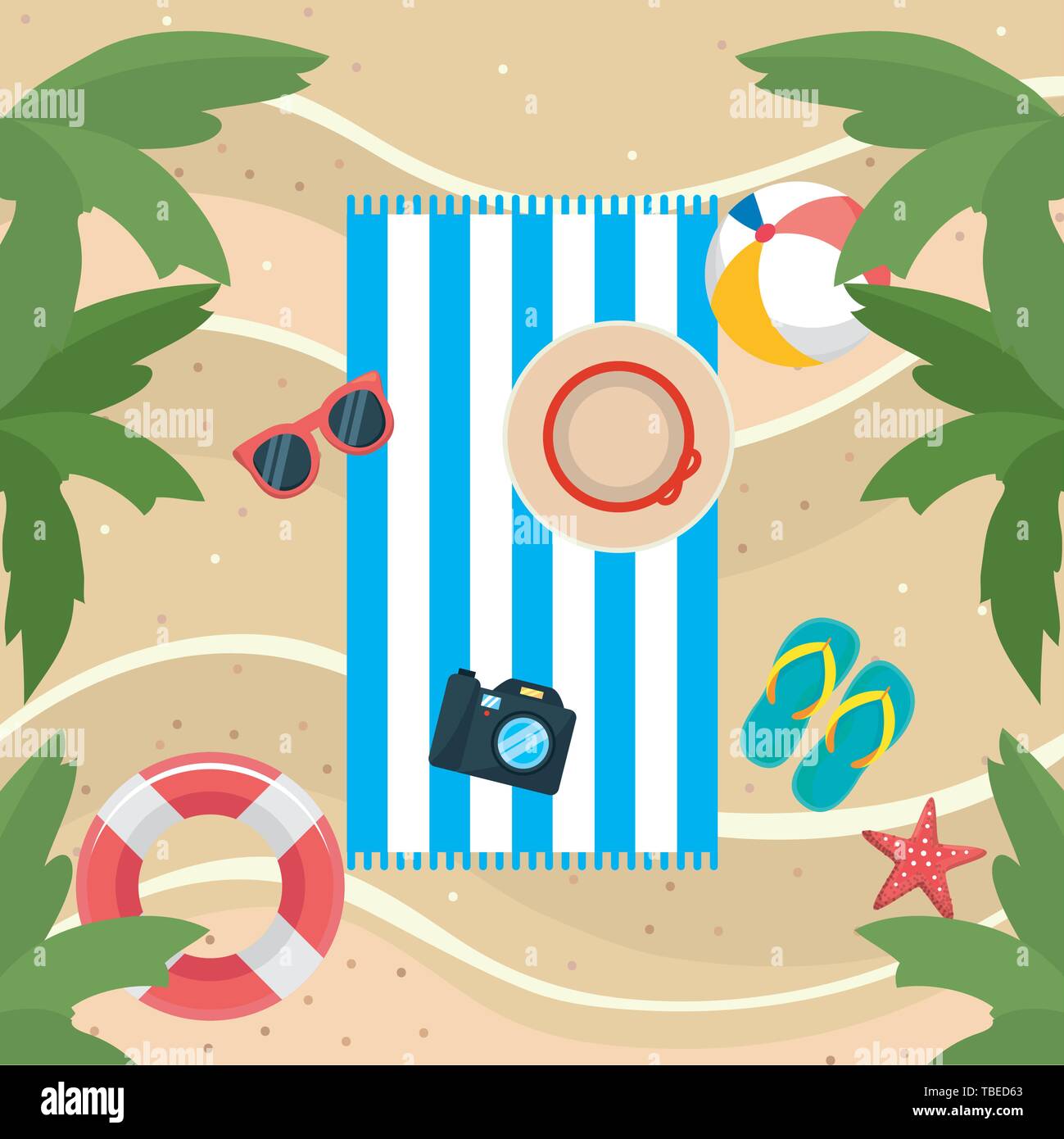 palms trees with sunglasses and flip-flop with ball and float in the ...