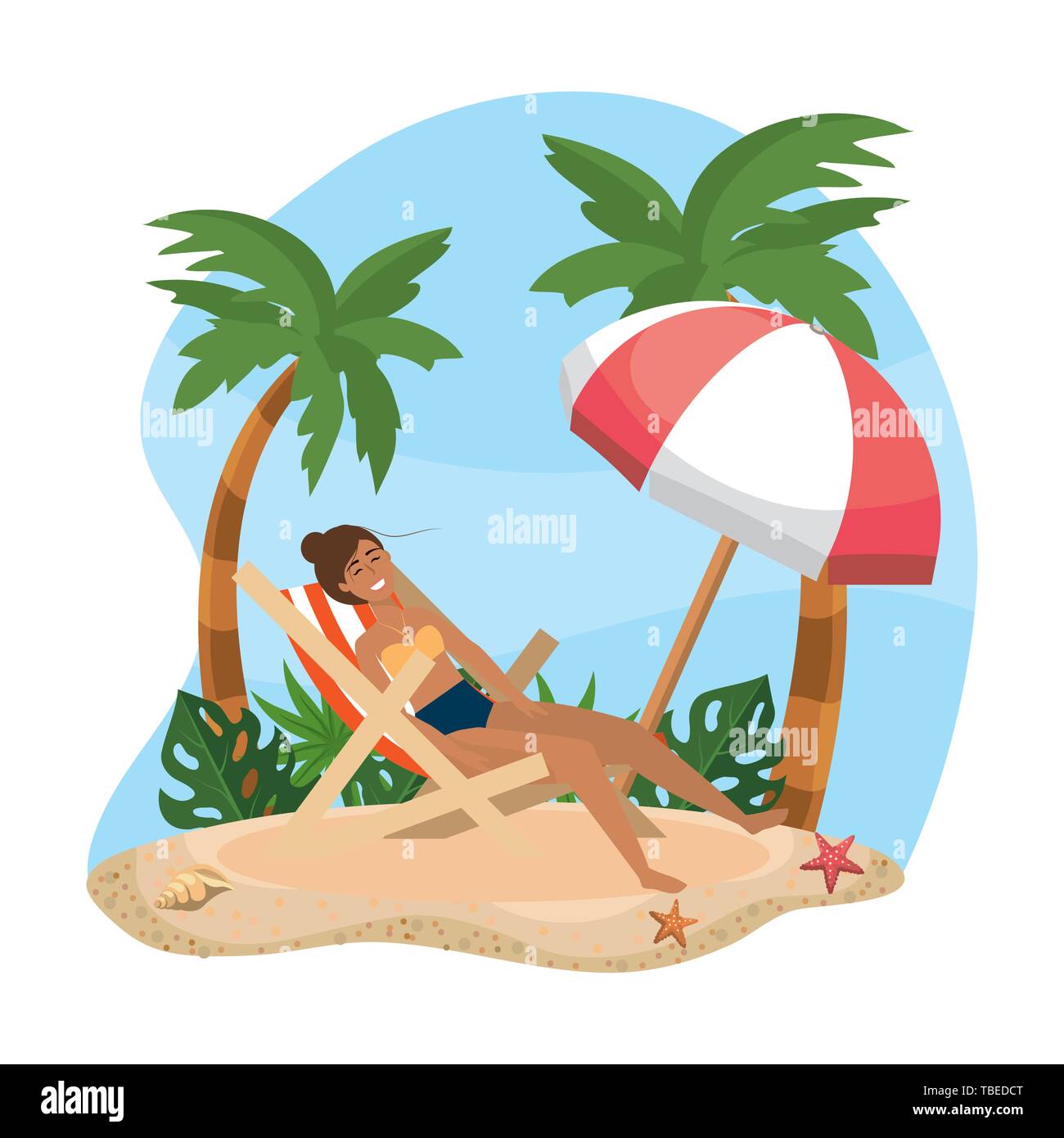 woman taking sun in the tanning sun with umbrella in the beach to ...