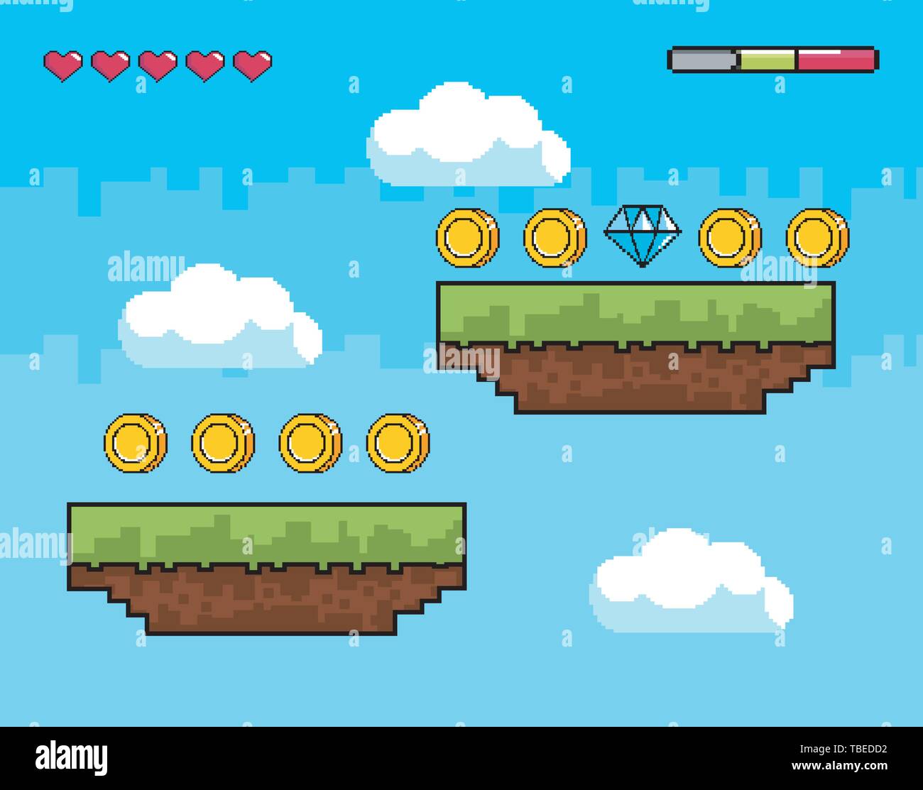 Arcade game world design, Pixel scene art retro and videogame theme ...