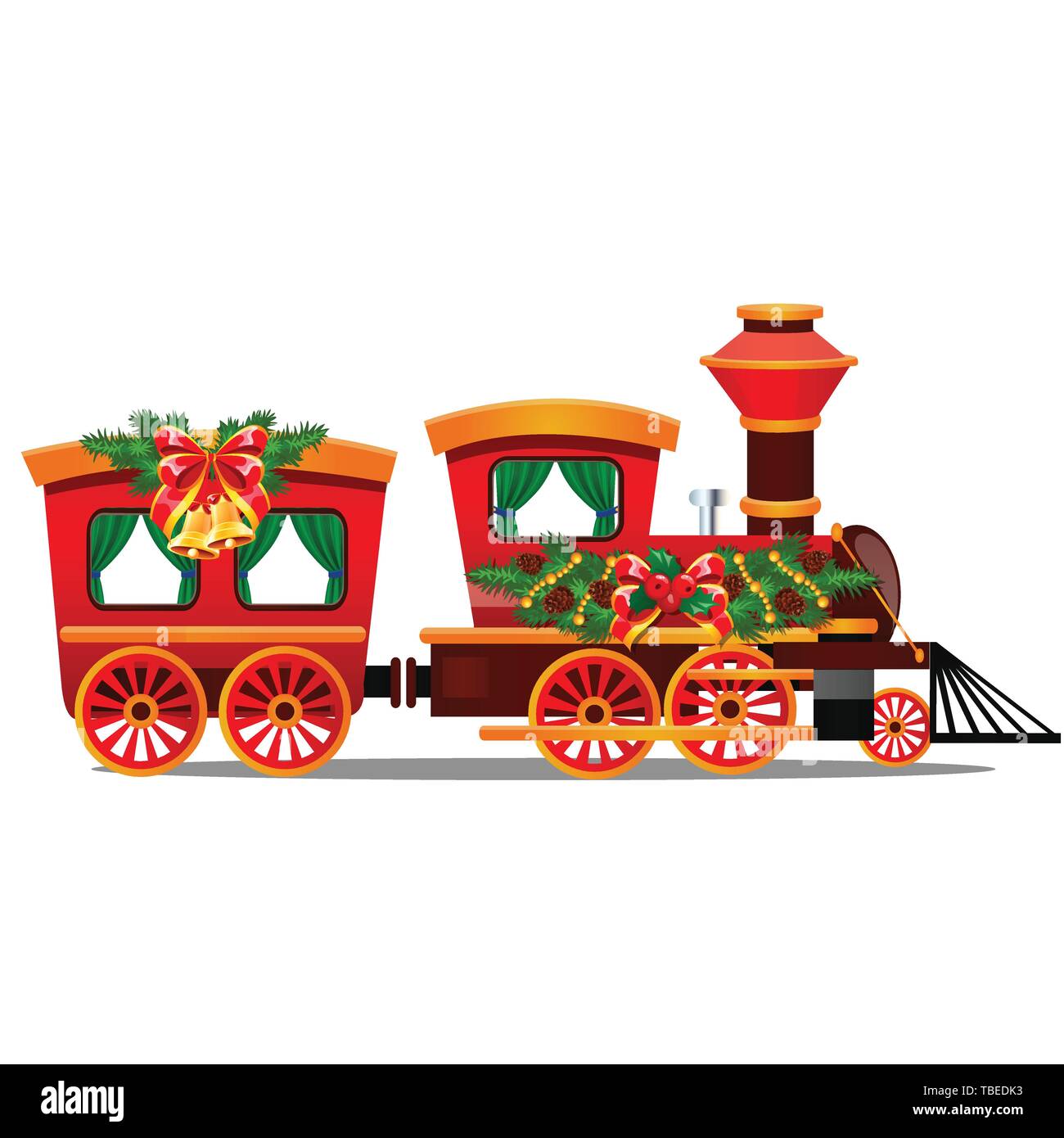 Little red train with wagons decorated red ribbon and Christmas ...
