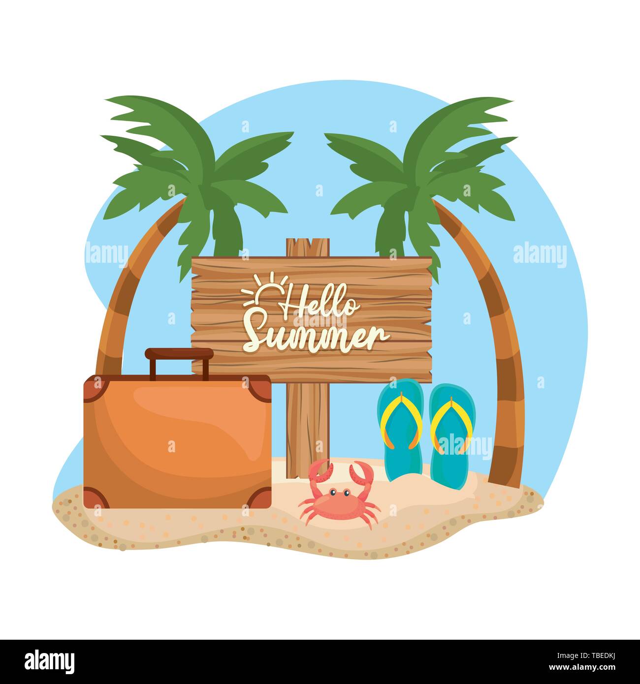 palms trees with briefcase and flip-flop with crab in the beach to summer time vector ...