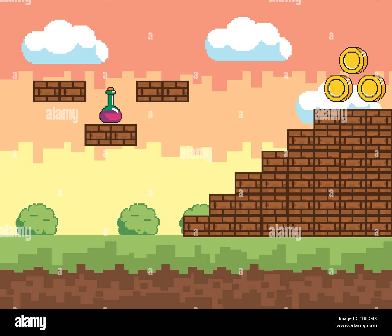 Arcade game world design, Pixel scene art retro and videogame theme ...