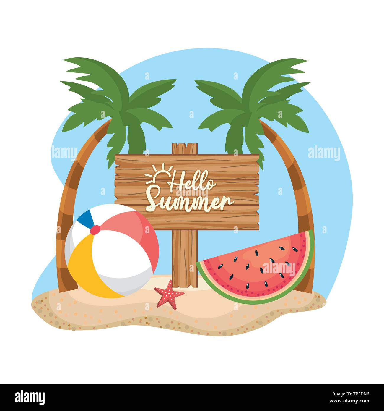 palms trees with beach ball and watermelon fruit to summer time vector ...