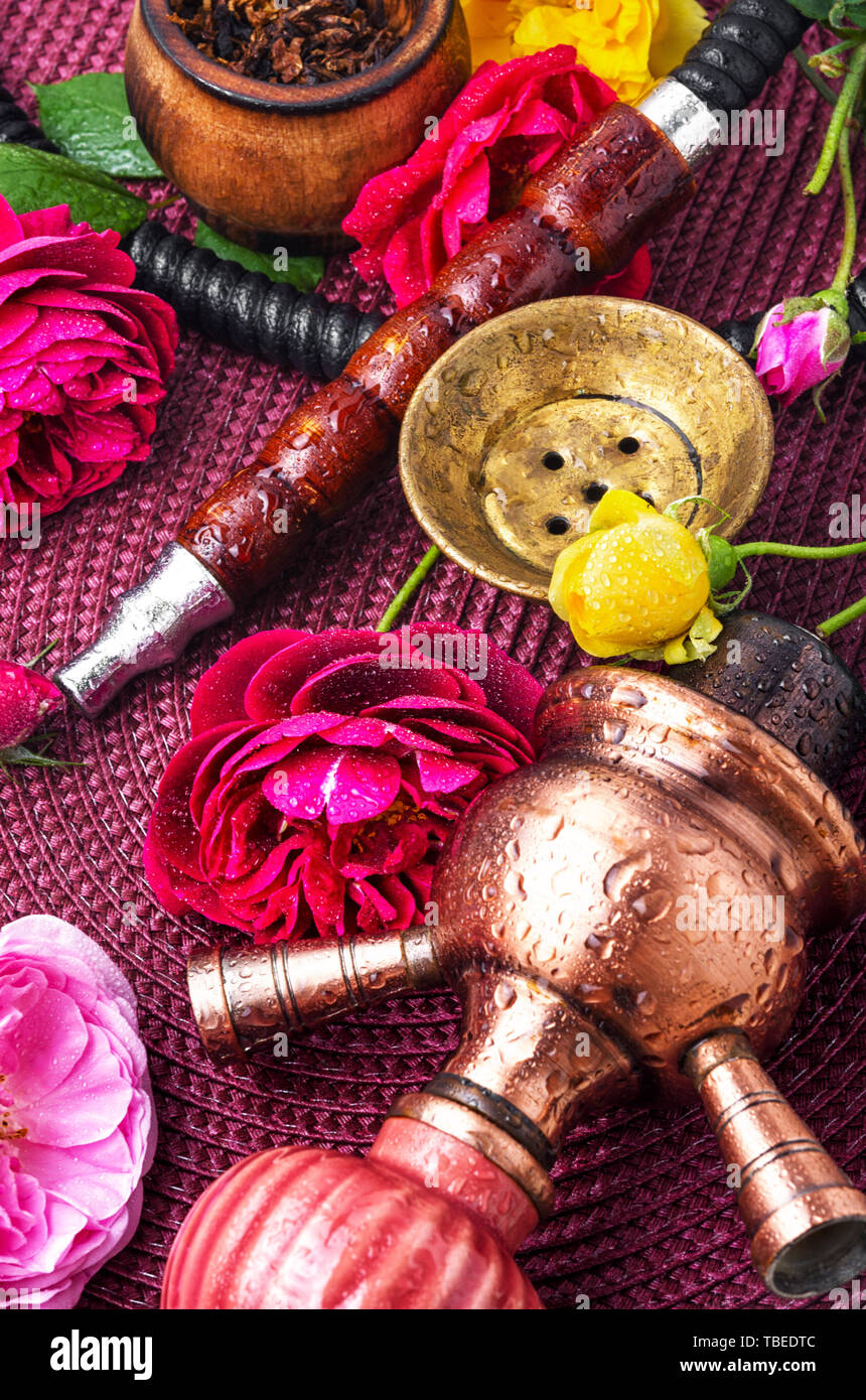 Turkish smoking hookah with the scent of tea rose. Flower tobacco ...
