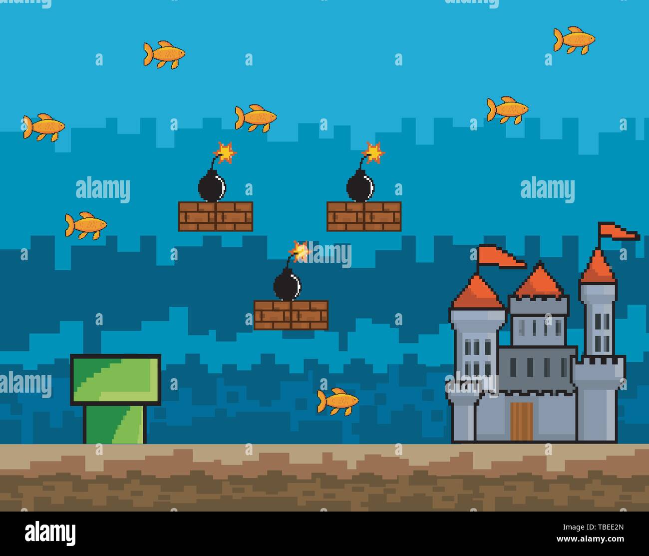 Arcade game world design, Pixel scene art retro and videogame theme ...