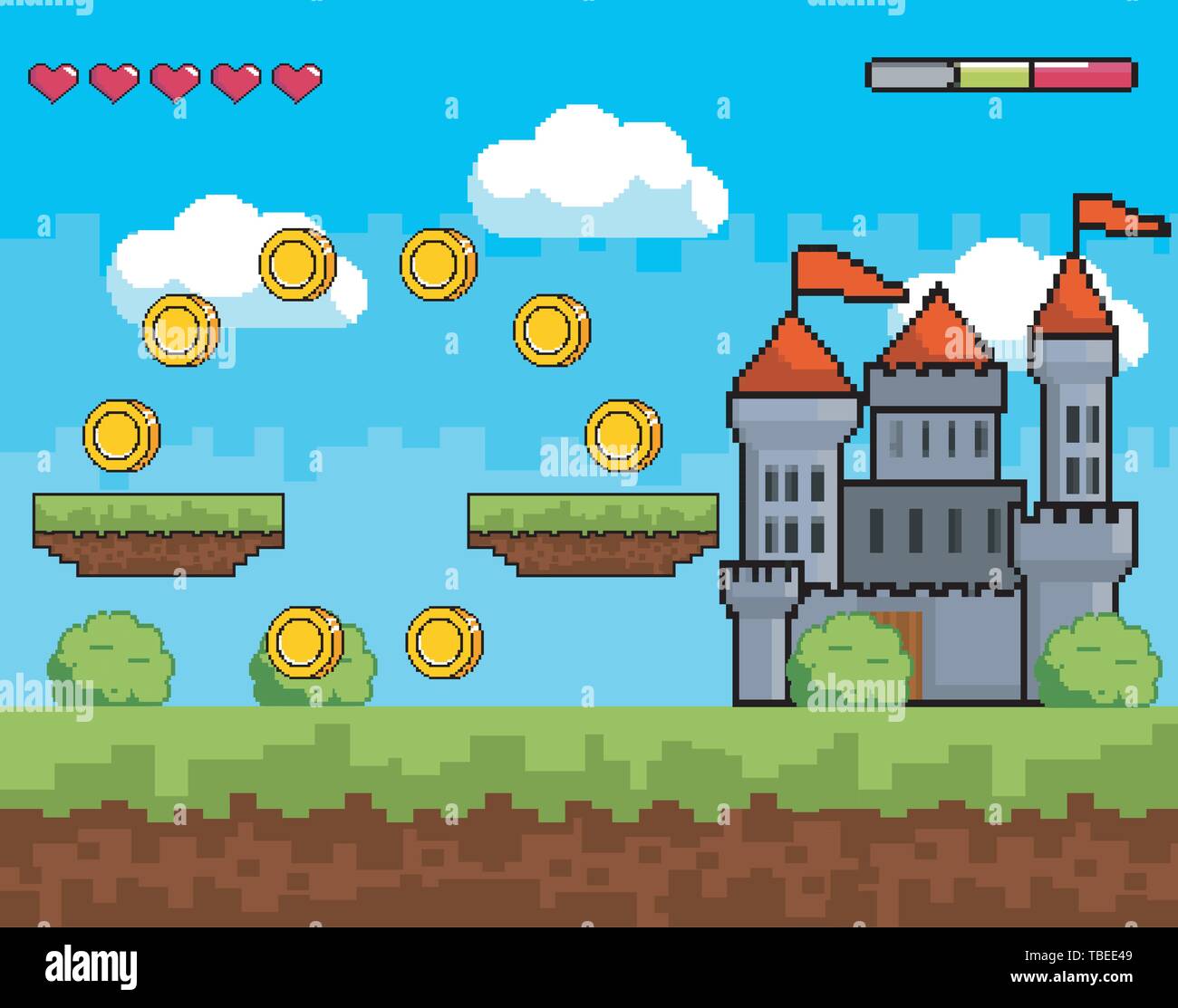 Arcade game world design, Pixel scene art retro and videogame theme ...