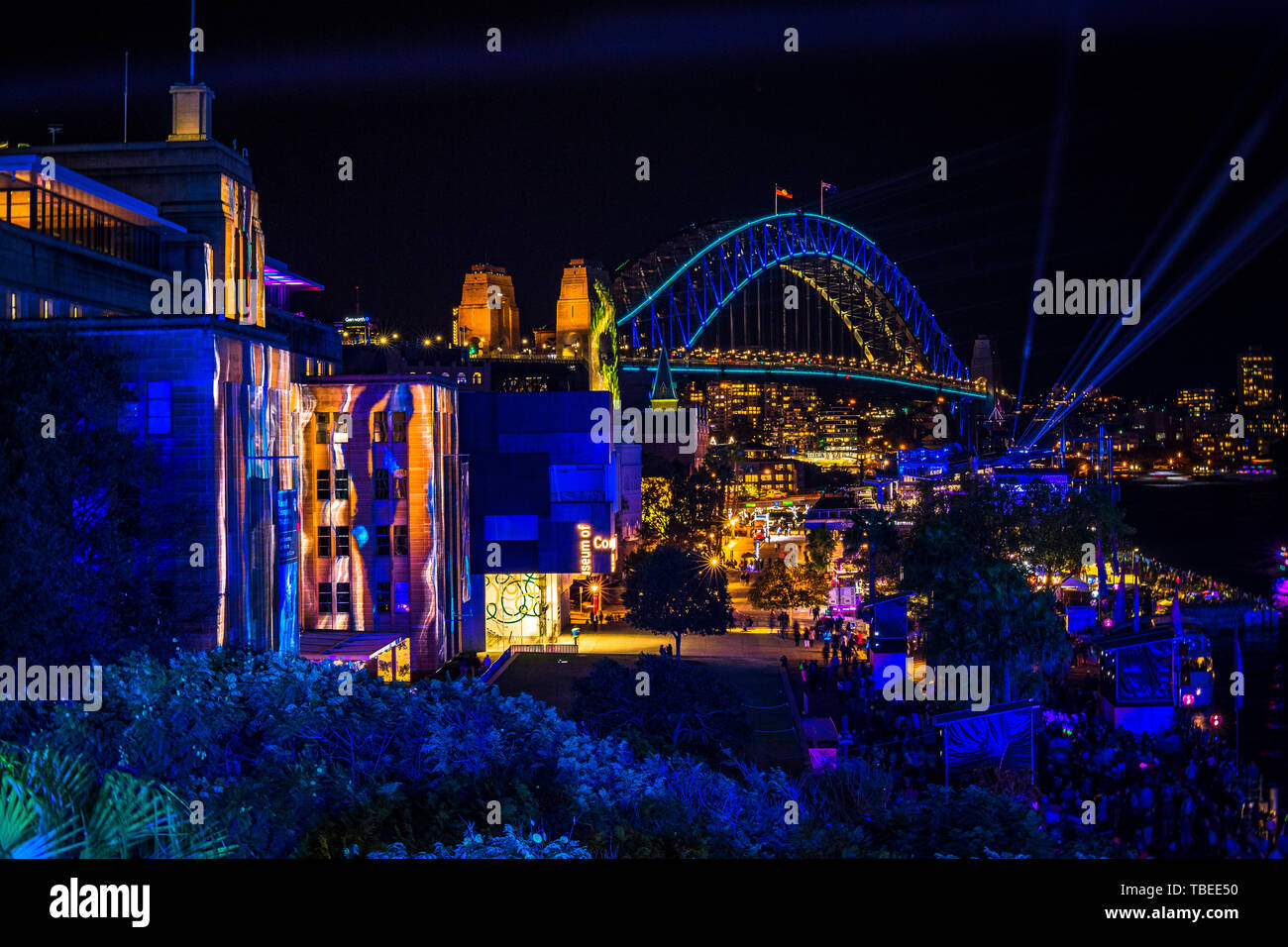 The Rocks area at night during the light festival, Vivid. Sydney ...