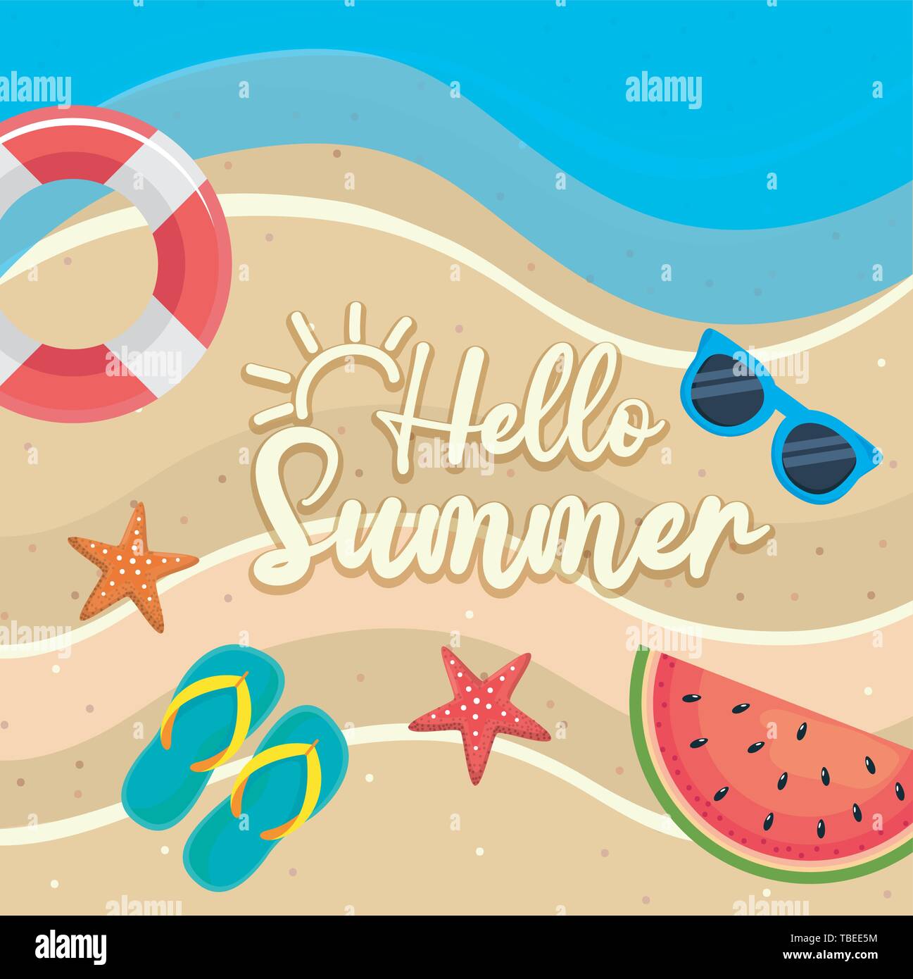 float with sunglasses and flip-flop with starfishes in the beach to summer time vector ...