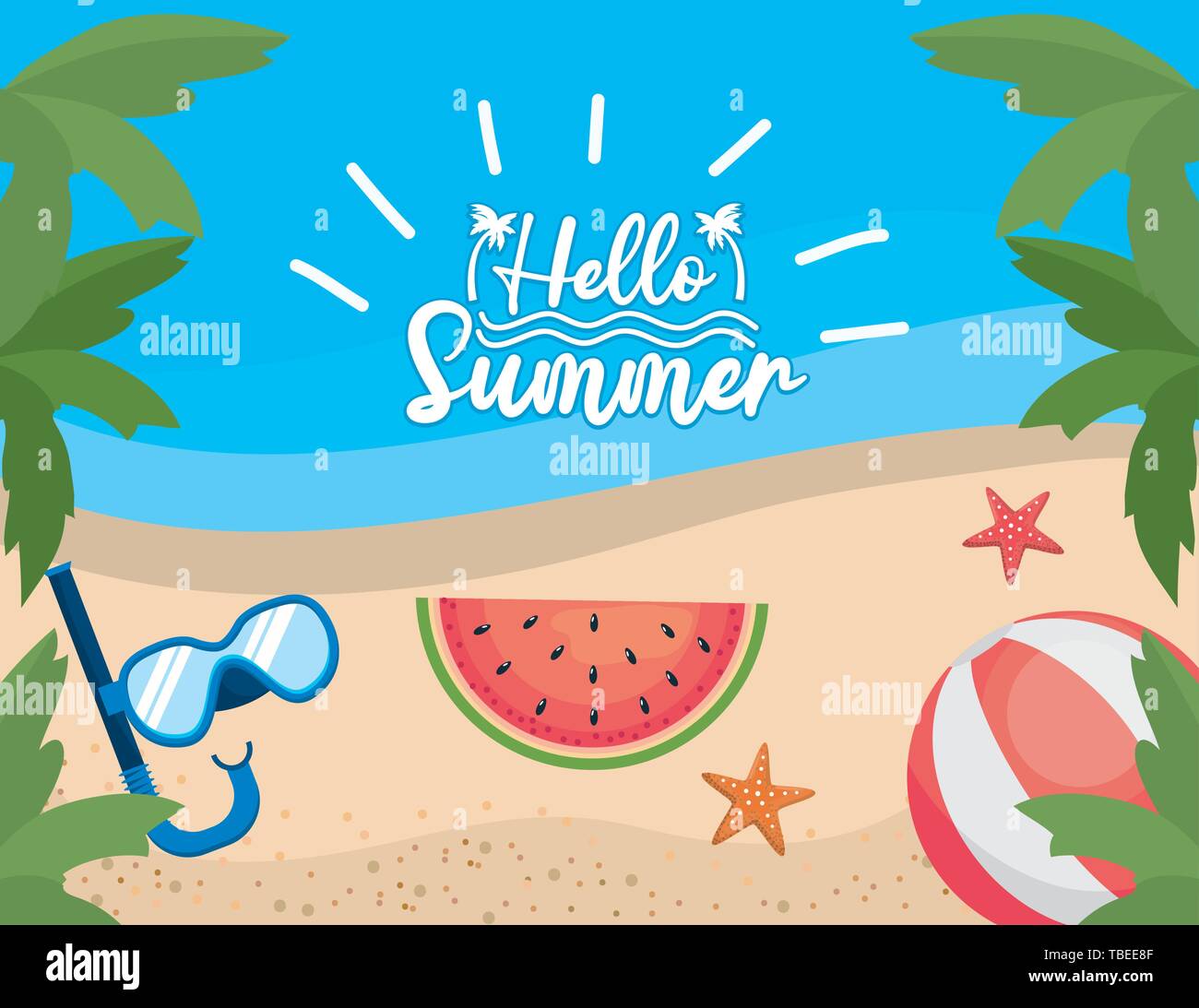palms trees with watermelon and snorkel masks with ball in the beach to ... palms trees with watermelon and snorkel masks with ball in the beach to ...