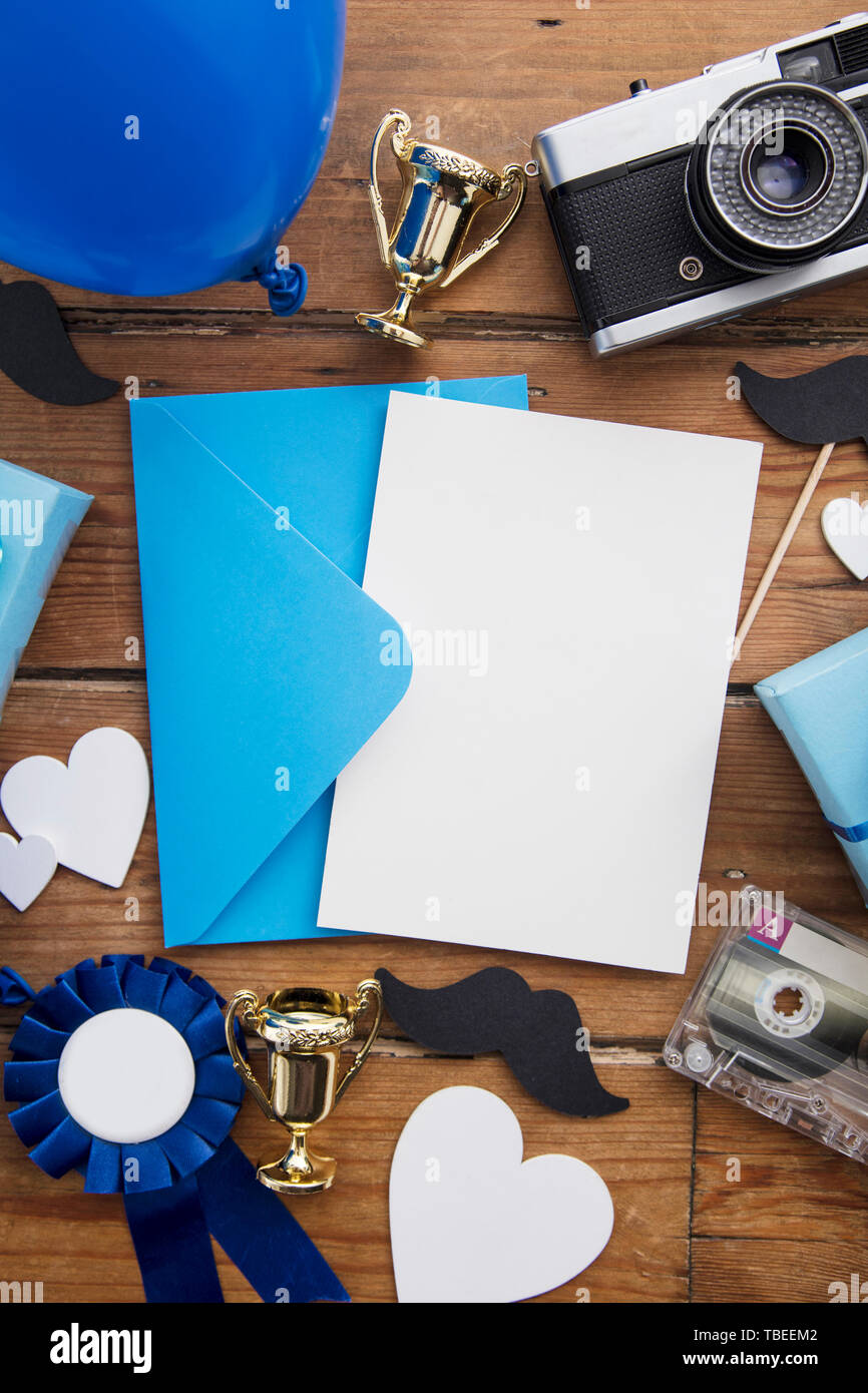 Father's day blank card background surrounded by presents and gifts ...