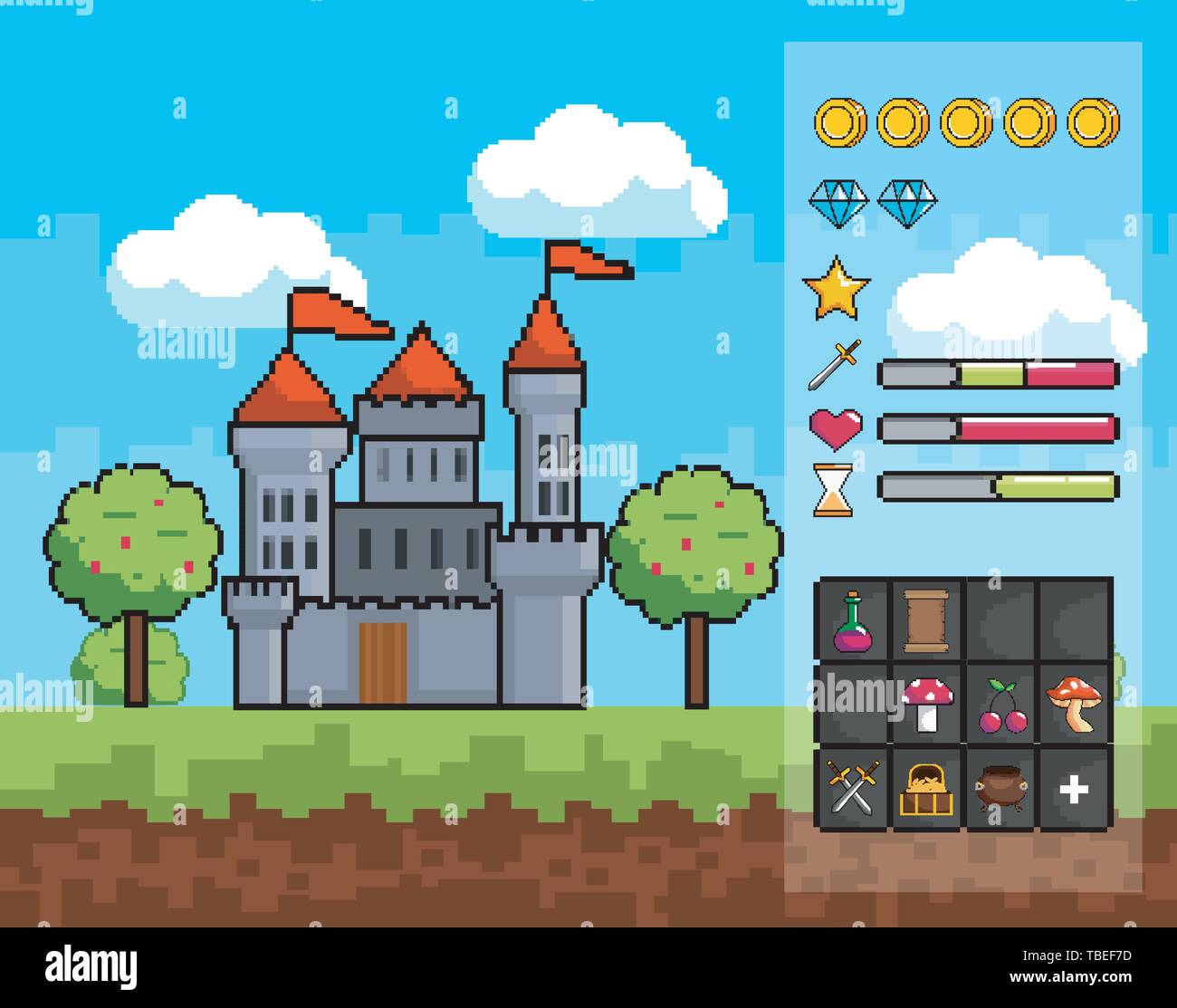 Arcade game world design, Pixel scene art retro and videogame theme ...