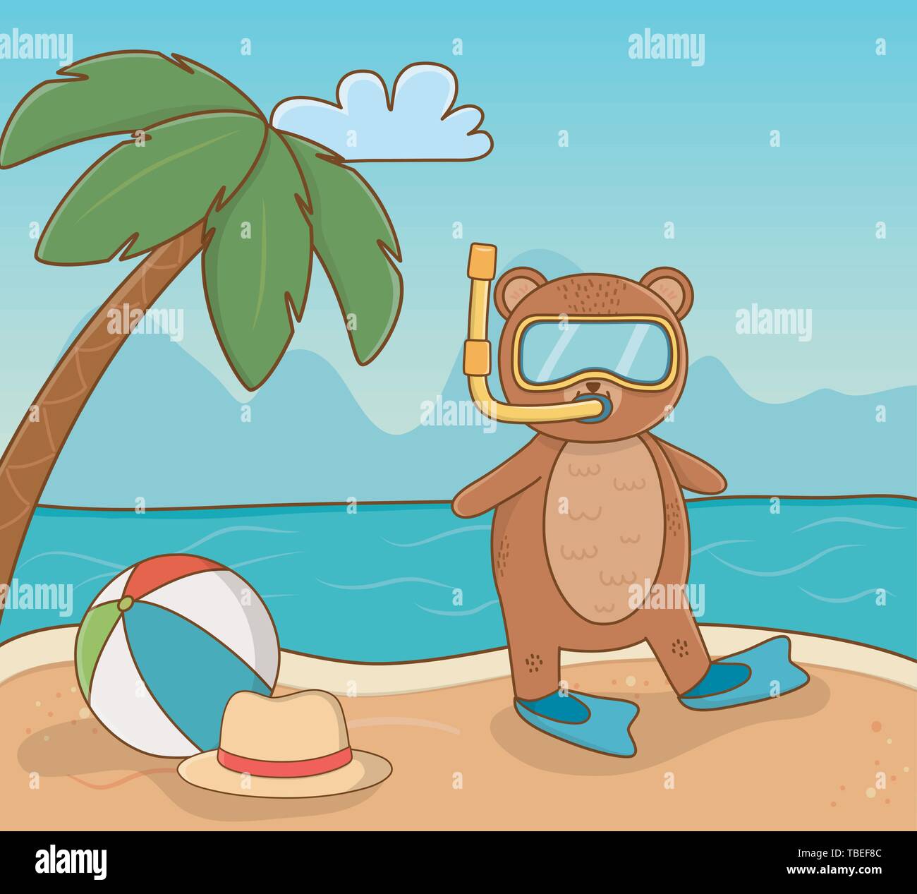 Bear cartoon design, Summer vacation beach tropical tourism and season ...