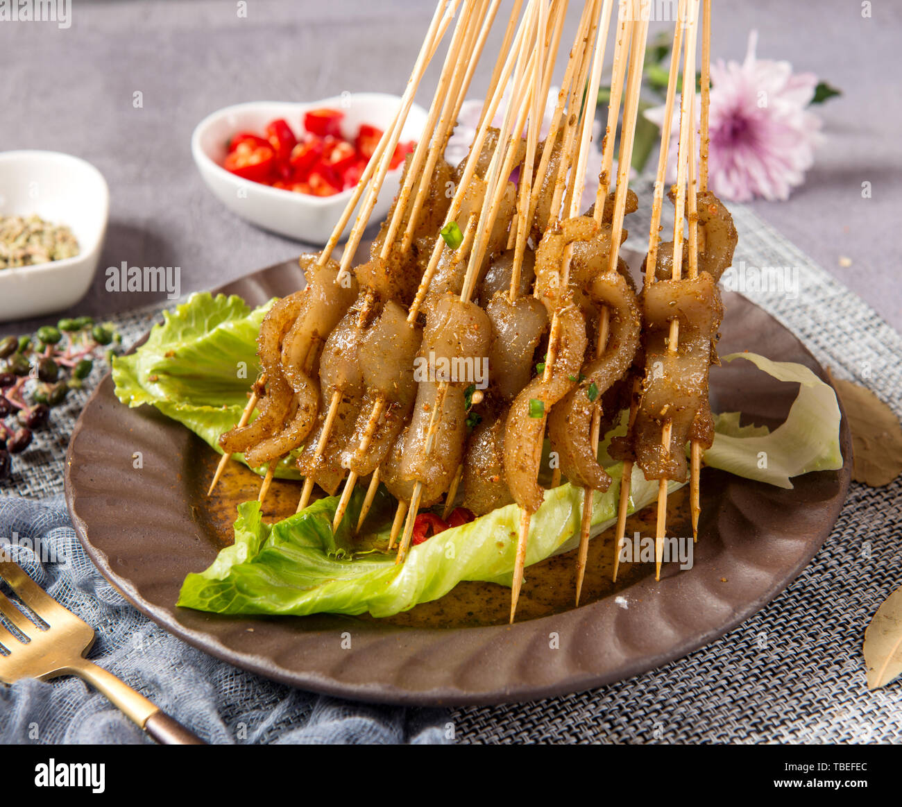 Iron plate barbecue lamb kebab, duck gizzard, lamb, pork beef Stock ...