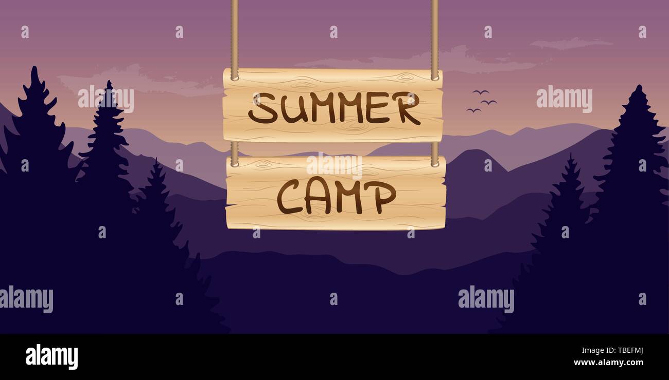 summer camp wooden sign at purple mountain nature landscape vector ...