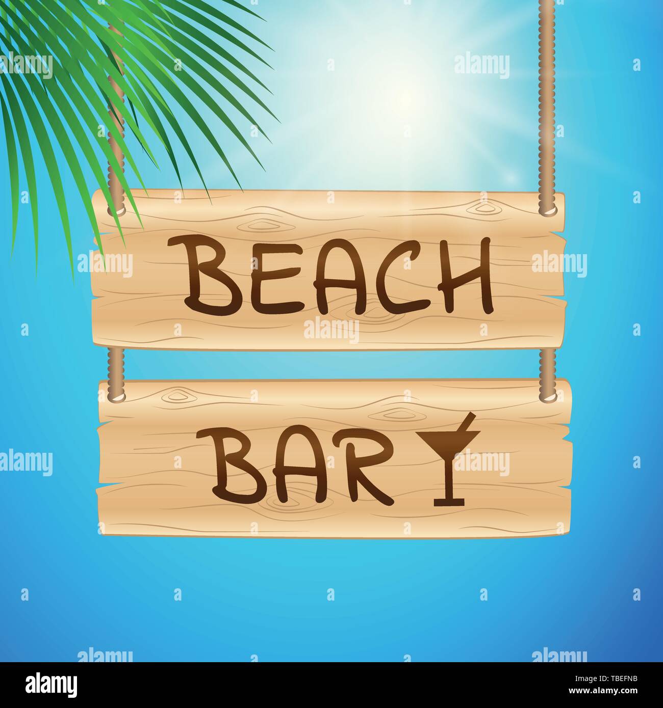 beach bar hanging wooden board with sunny sky background and palm leaf ...
