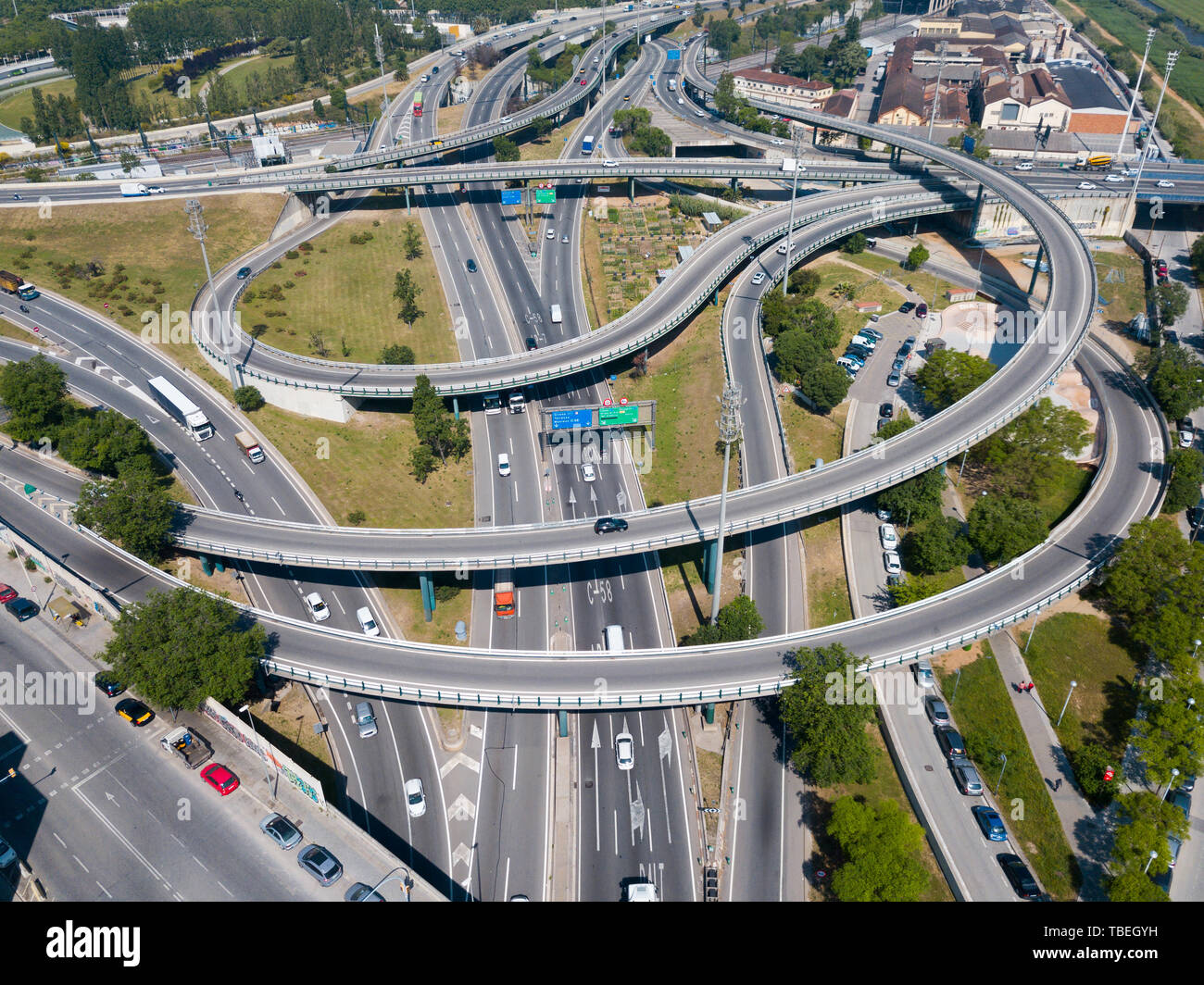 Aerial view of high-level highway interchange in Barcelona, Spain Stock ...
