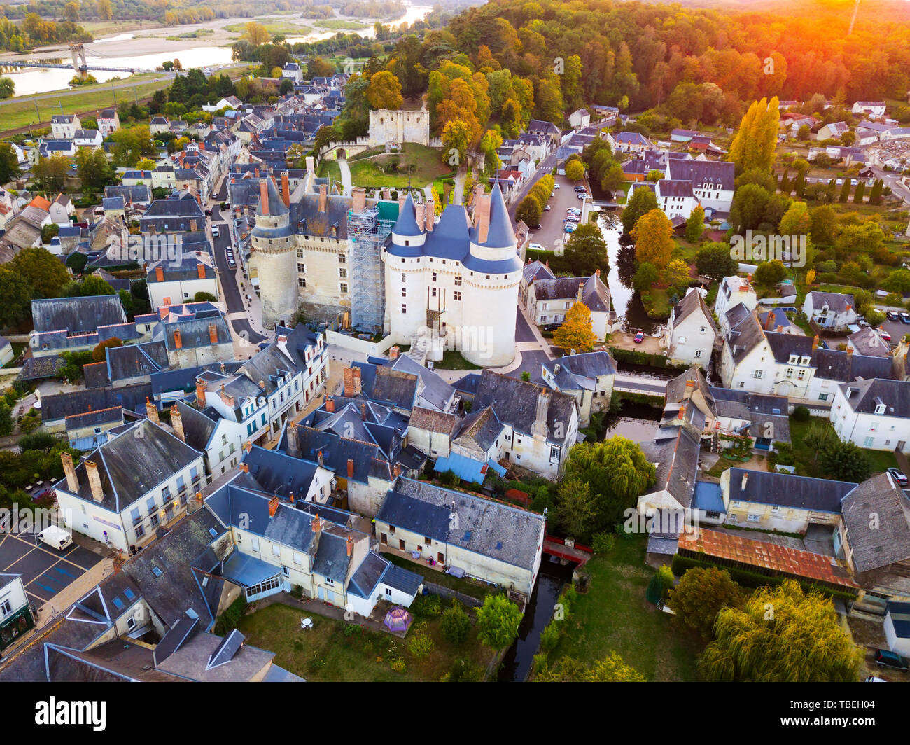 Aerial view of medieval castle of Chateau de Langeais located in ...