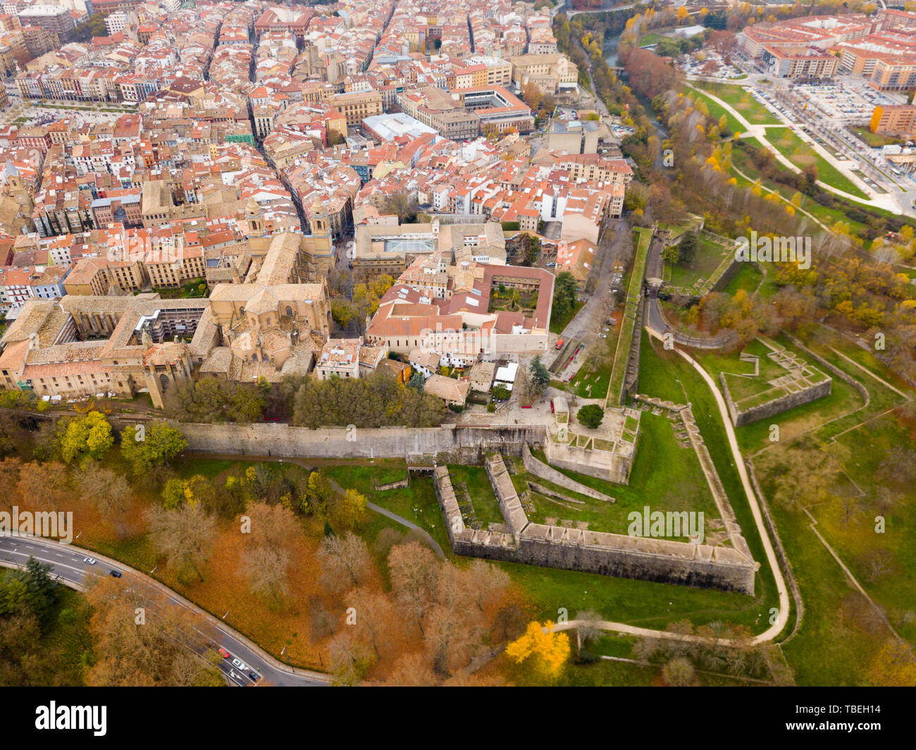 Aerial view of Pamplona medieval town with fortification in Navarre ...