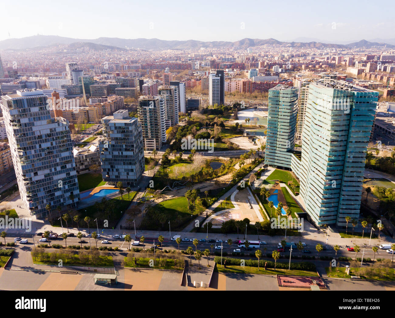 Panoramic aerial view of modern area of Diagonal Mar i el Front Maritim ...