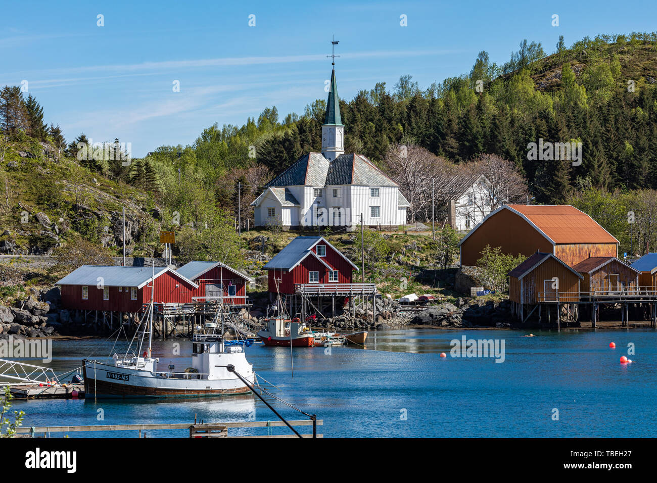 Moskenes fishing village in Lofoten Islands and Moskenes Church (parish ...