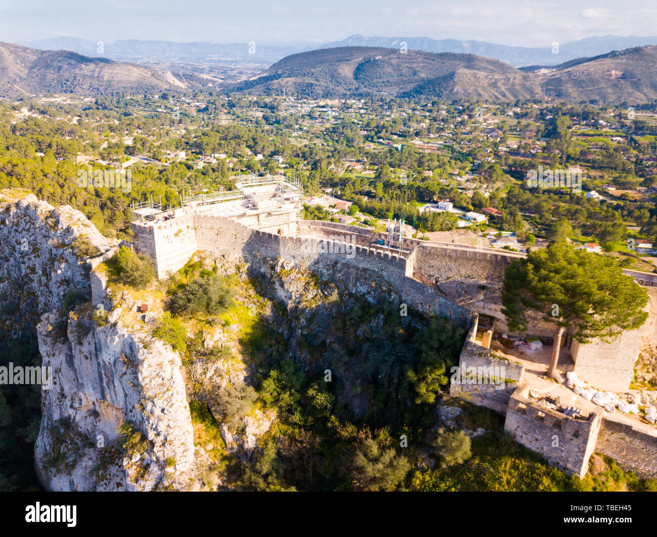 Aerial view of medieval fortress Xativa Castle at sunny day, Valencia ...