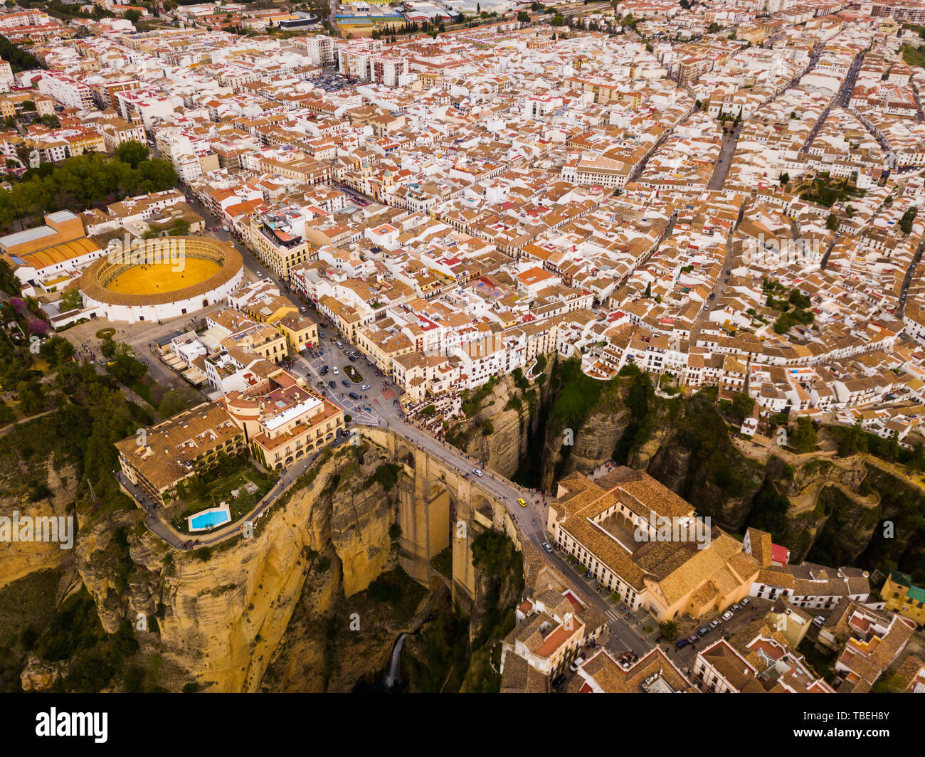 Aerial view of Ronda landscape and buildings with Puente Nuevo Bridge, Andalusia, Spain Stock ...