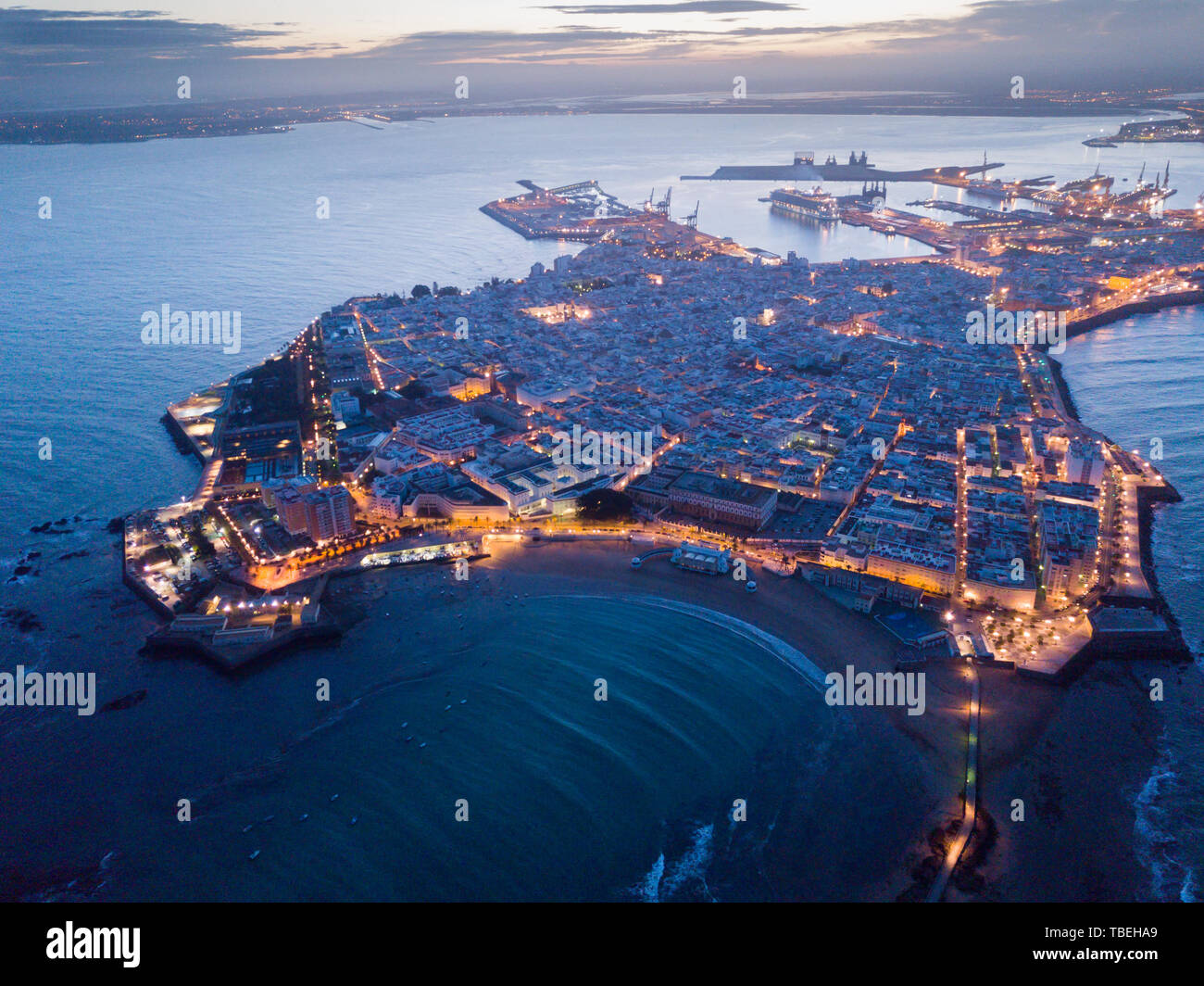 Aerial view of Spanish port city of Cadiz on peninsula in Atlantic ...