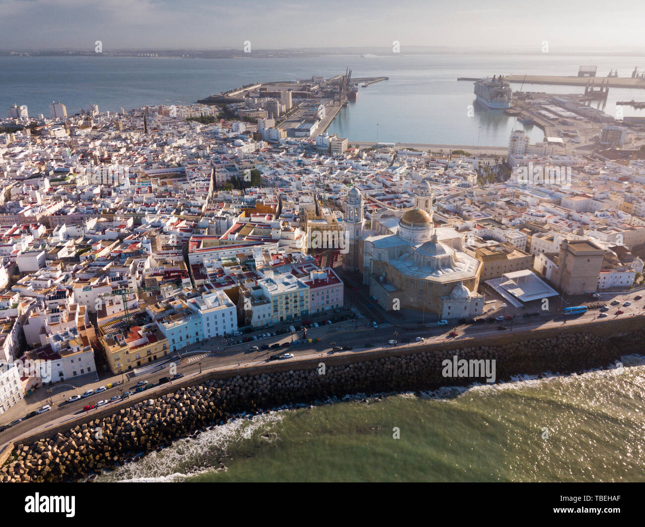 Aerial view of cityscape and harbour of Spanish city of Cadiz on ...