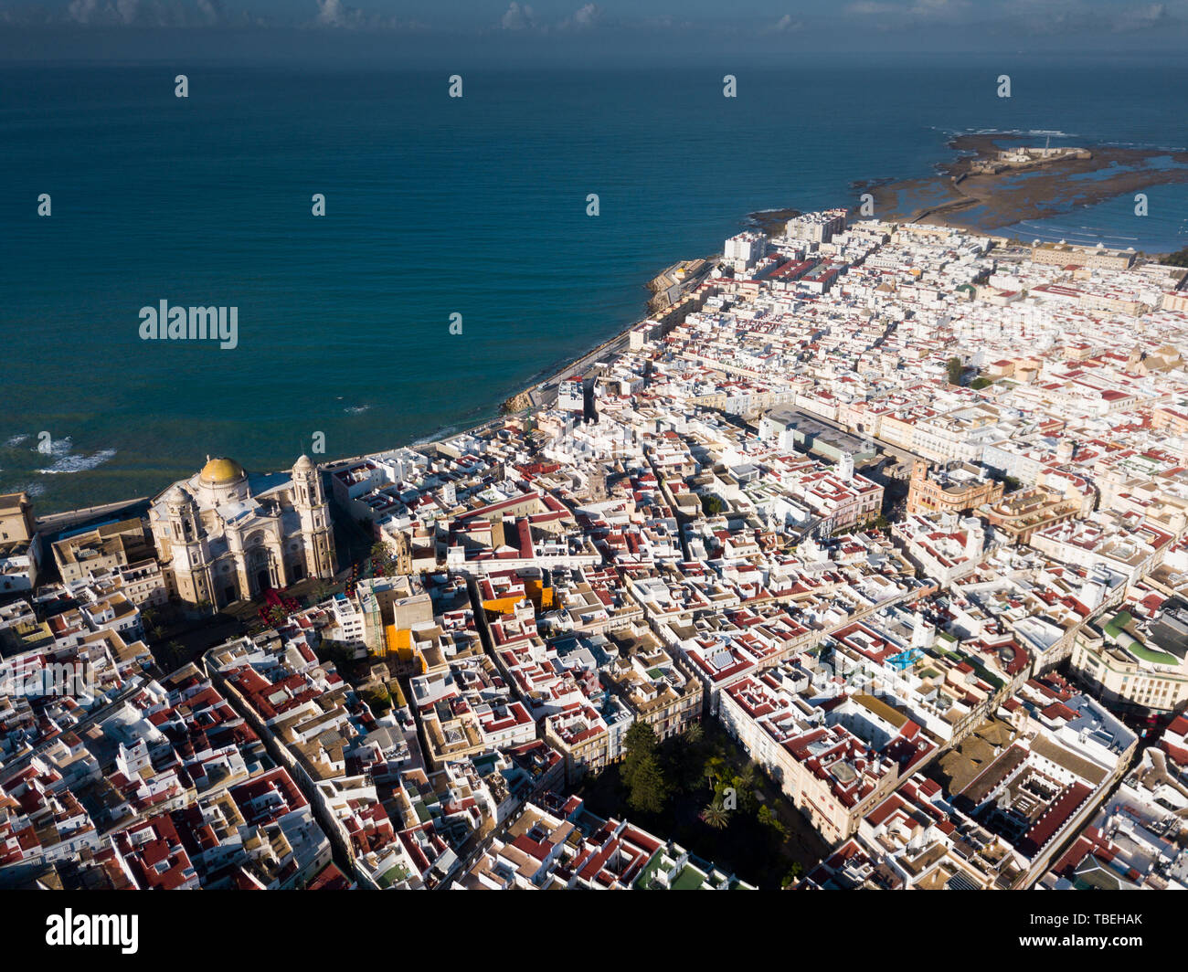 Aerial view of cityscape with old Roman Catholic Cathedral of Cadiz ...