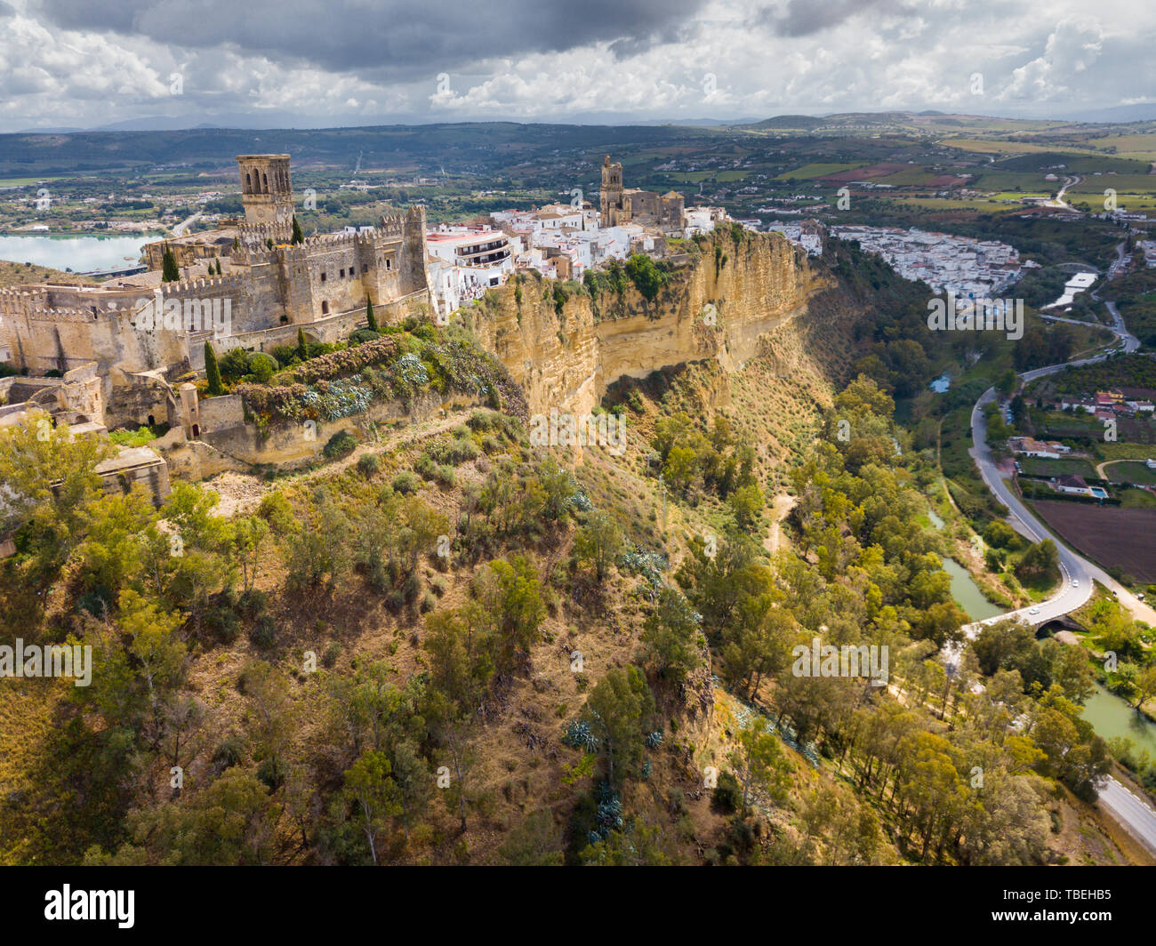 Aerial view of medieval fortified Castle in Andalusian town of Arcos de ...